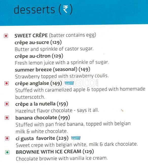 Menu at Ci Gusta, Mumbai, Waterfield Road