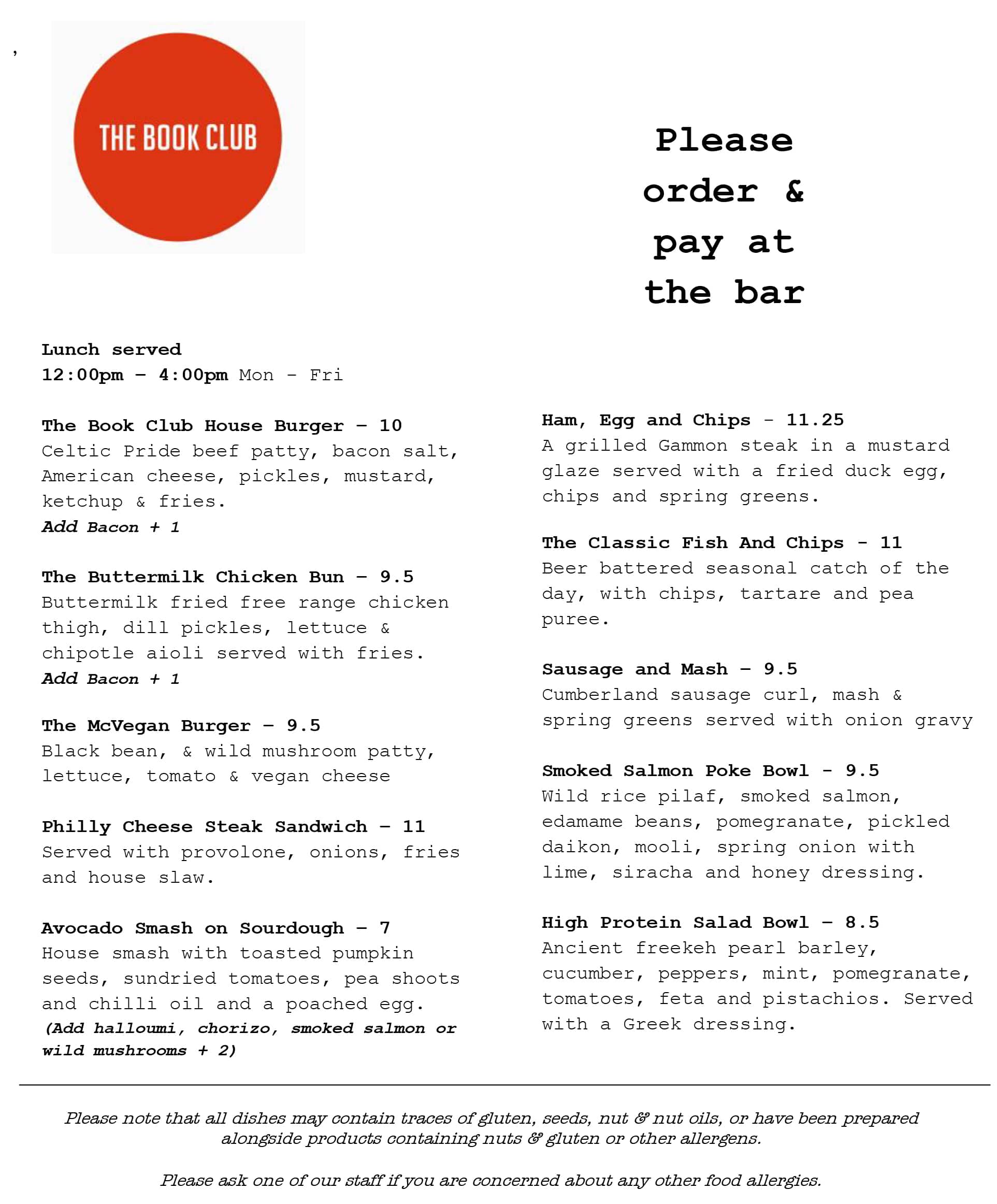 Menu at The Book Club, London