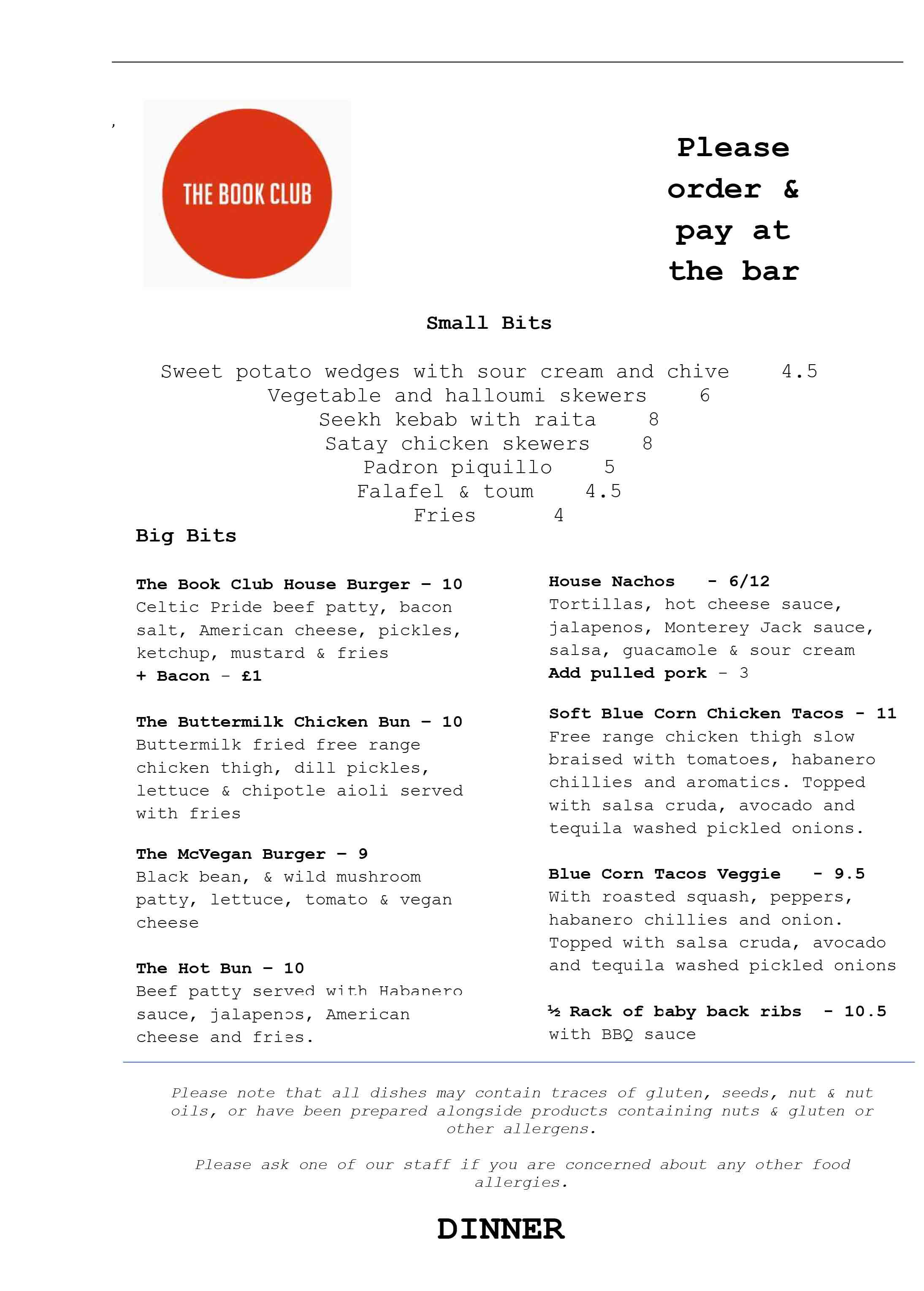 Menu at The Book Club, London