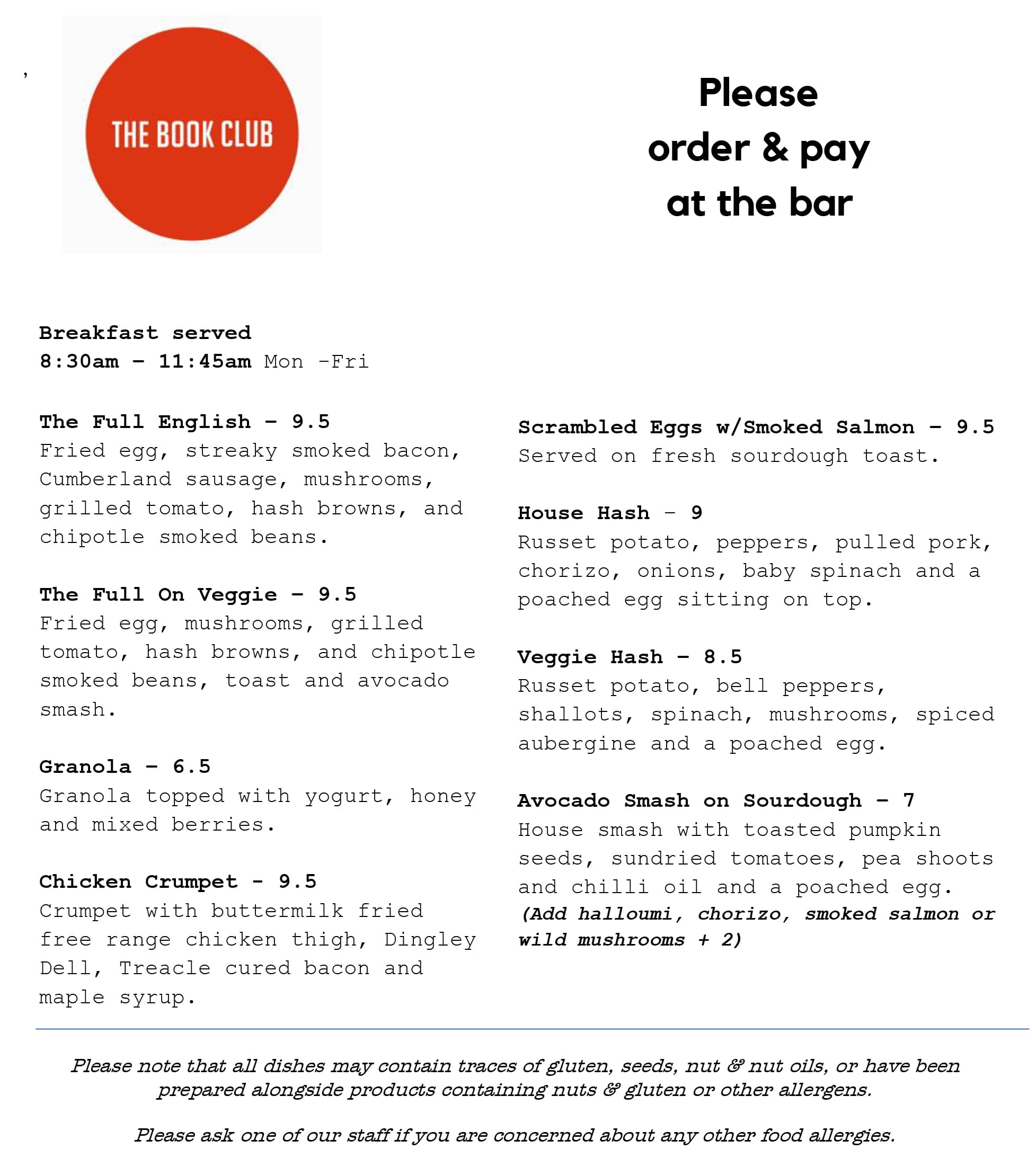 Menu at The Book Club, London