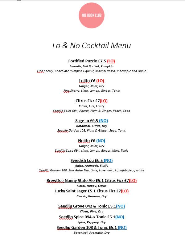 Menu at The Book Club, London