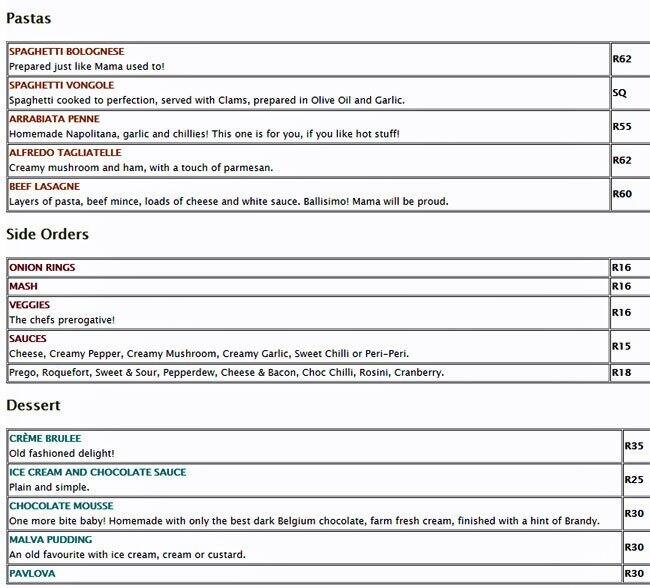 Menu at Rusty Hook pub & bar, Roodepoort