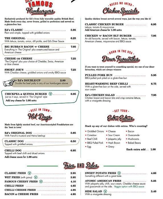 Menu at Ed's Easy Diner restaurant, Birmingham, Selfridges & Co