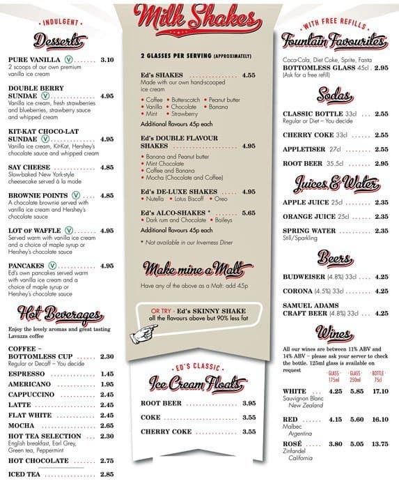 Menu at Ed's Easy Diner restaurant, Birmingham, Selfridges & Co