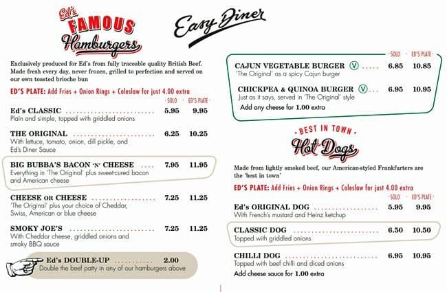 Menu at Ed's Easy Diner restaurant, Birmingham, Selfridges & Co
