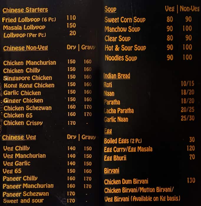 Menu at Sunny Farms, Pune