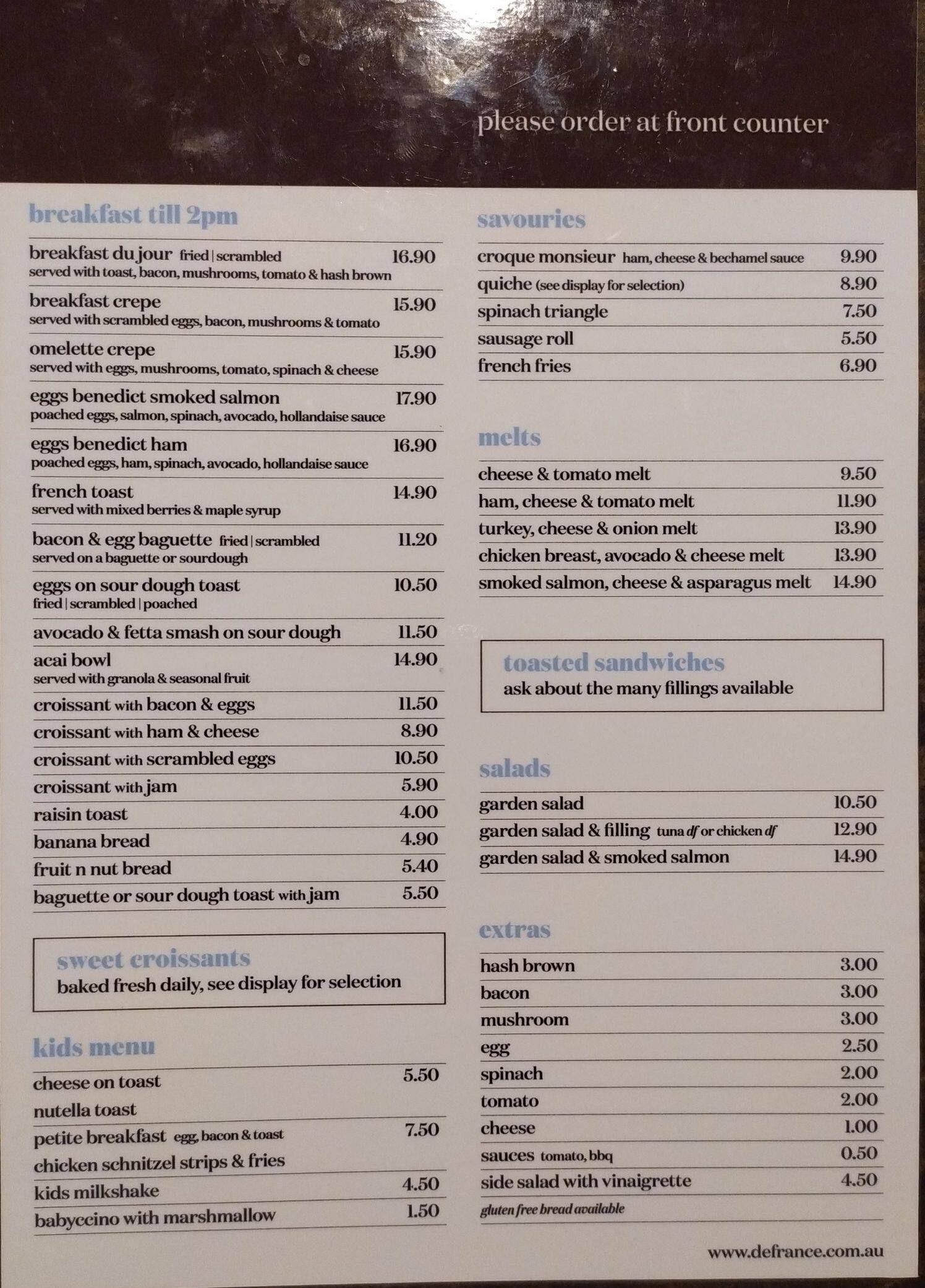 Menu at De France cafe, Miranda