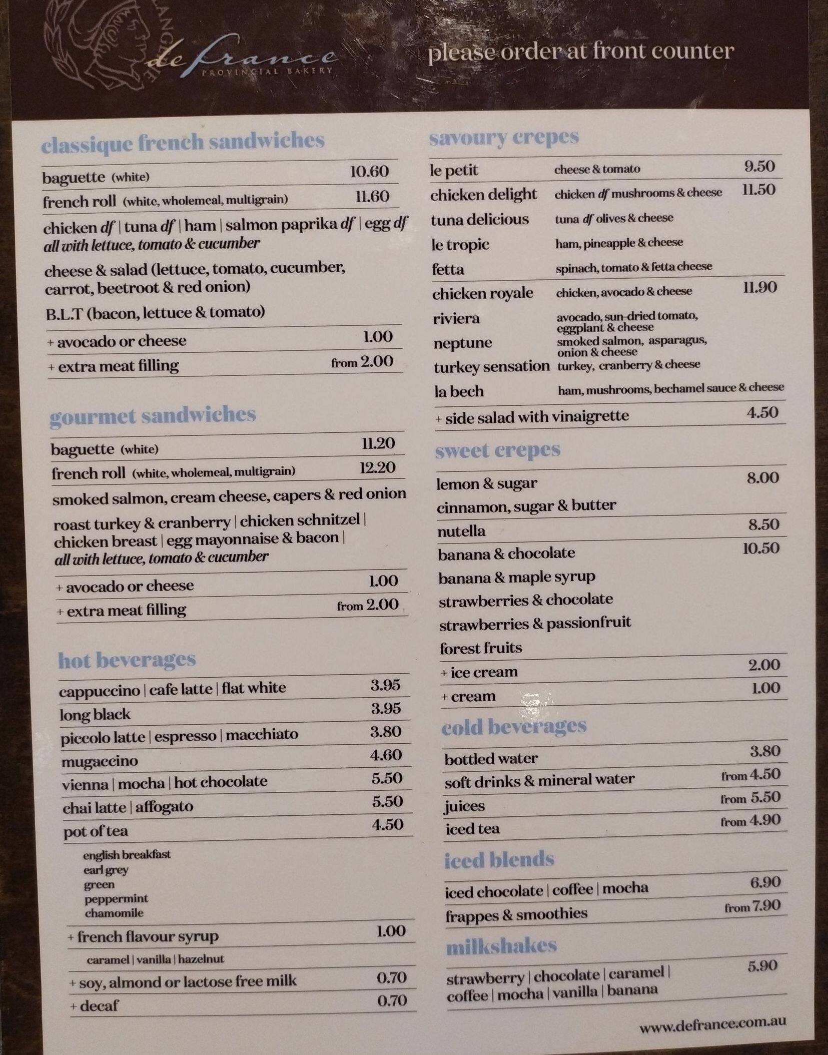 Menu at De France cafe, Miranda