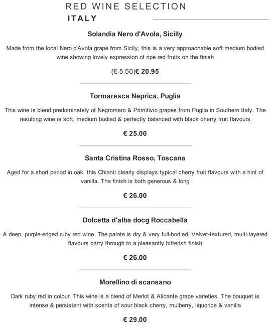 Menu at Picasso restaurant, Dublin