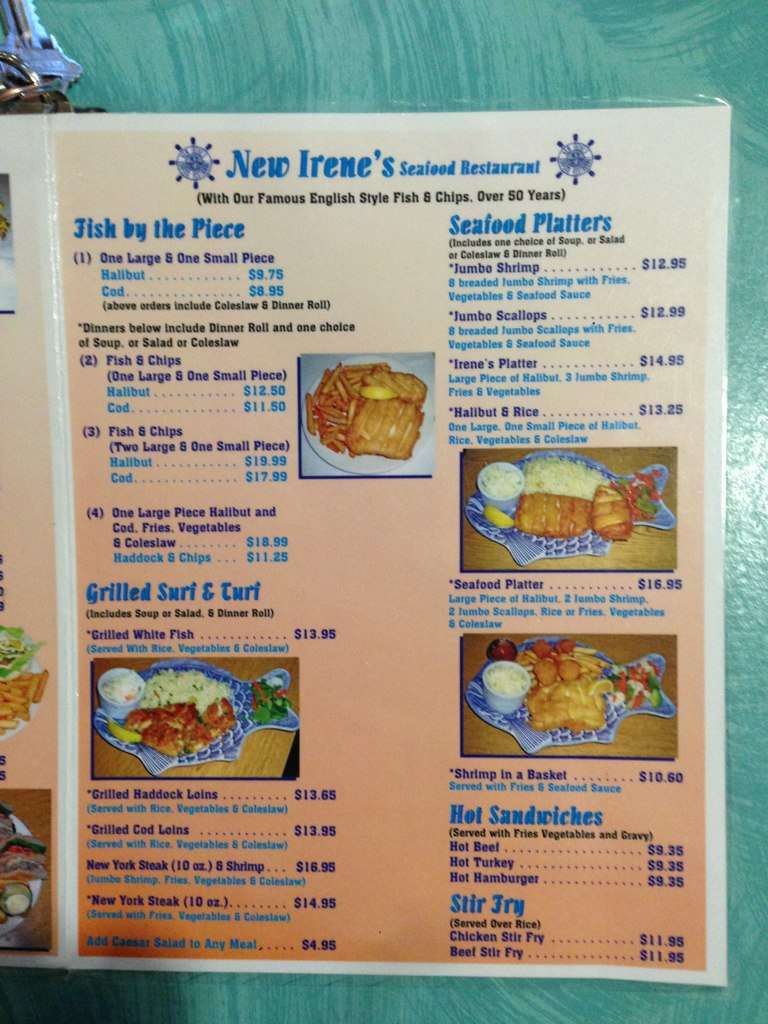 Menu at Irene's Seafood restaurant, London