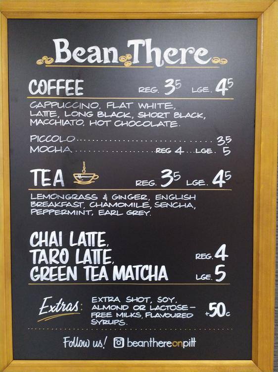 Menu at Bean There fast food, Sydney