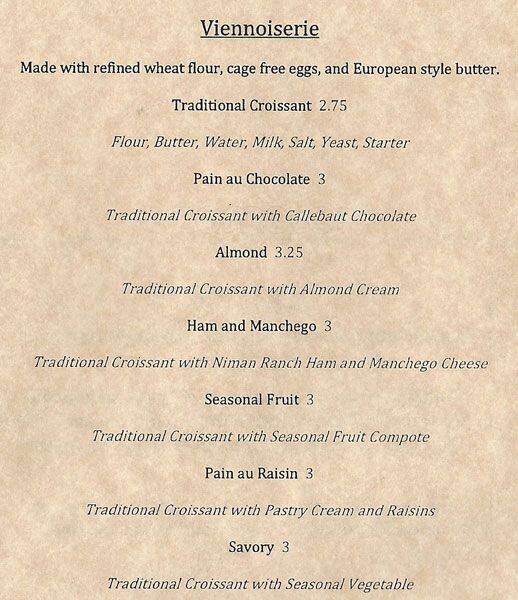 Menu at Fournée Bakery, Berkeley