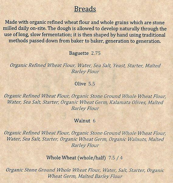 Menu at Fournée Bakery, Berkeley