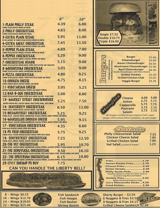 Fred's Downtown Philly Menu - Urbanspoon/Zomato