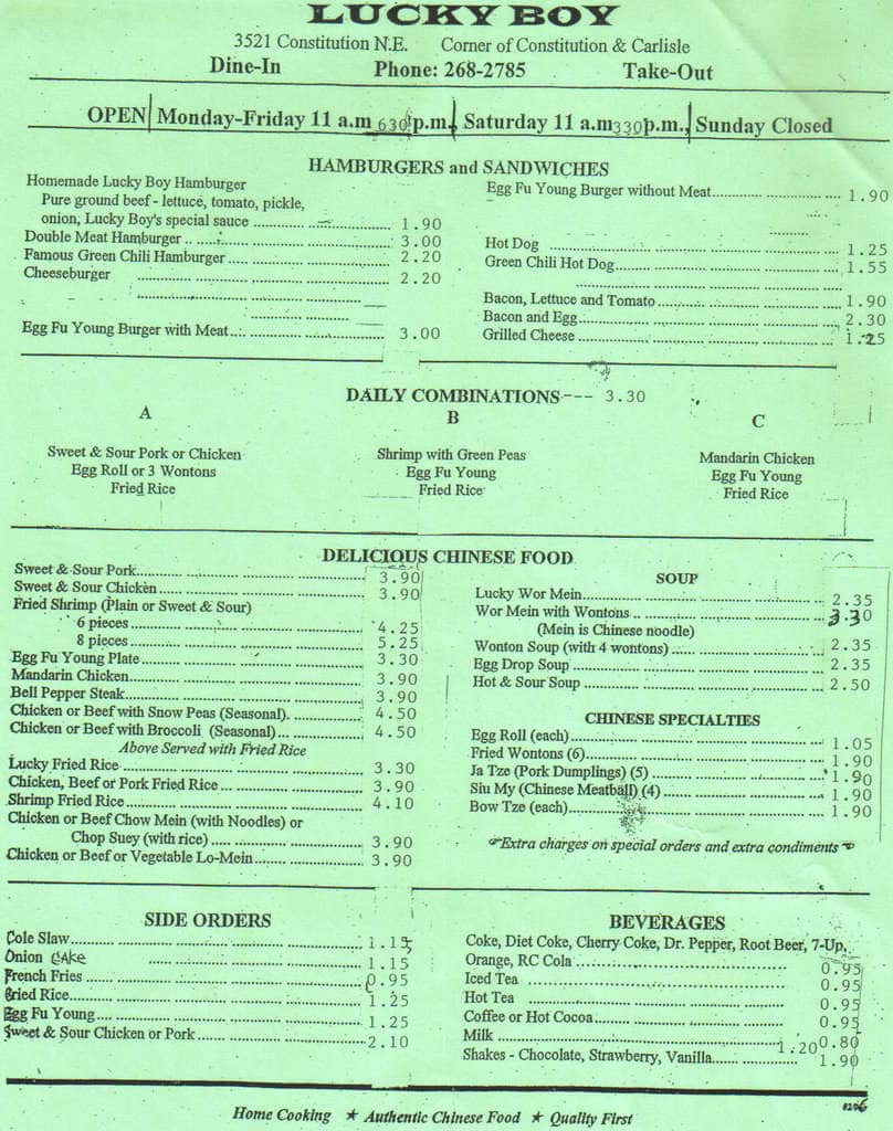 Menu at Lucky Boy Restaurant, Albuquerque