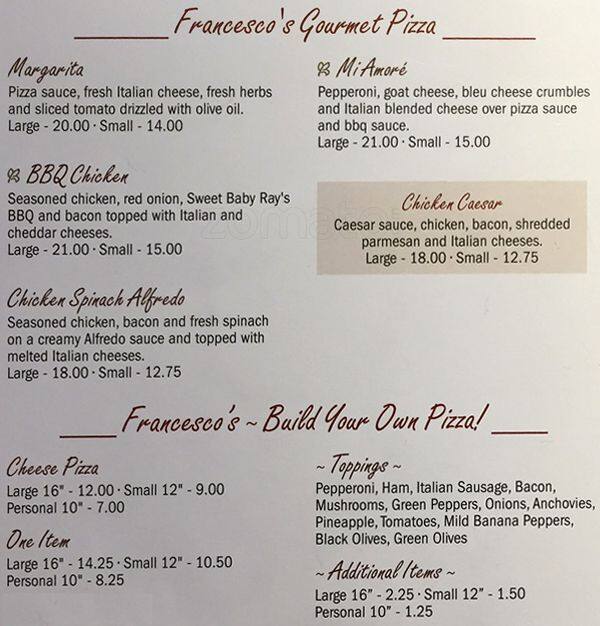 Menu at Francesco's Bistro pizzeria, St. Louis