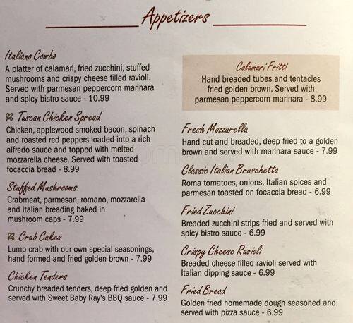 Menu at Francesco's Bistro pizzeria, St. Louis
