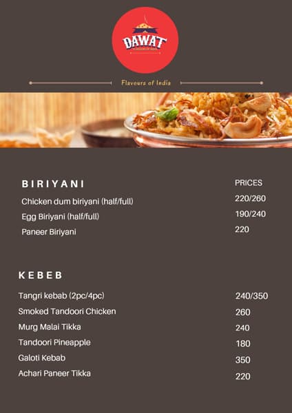 Menu of Dawat, Ram Nagar, Agartala