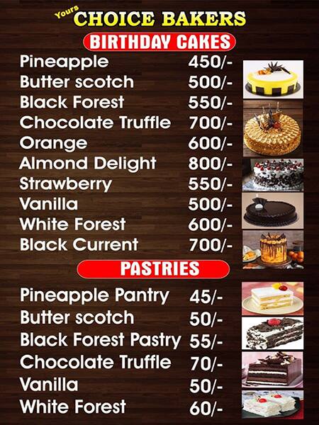Menu of Your Choice Bakery, Yousufguda, Hyderabad