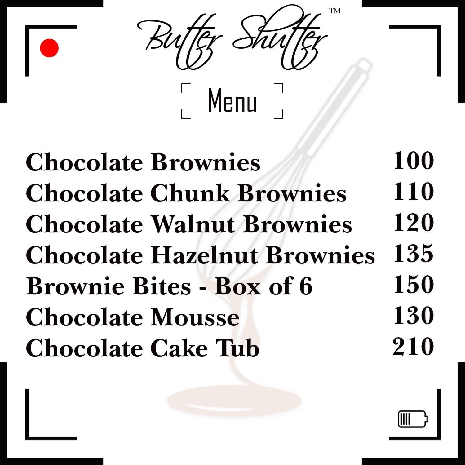 Menu of Butter Shutter, Cunningham Road, Bangalore