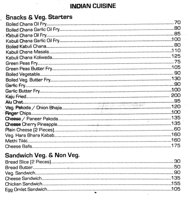 Menu of Amrut Punjab, Mumbai Central, Mumbai