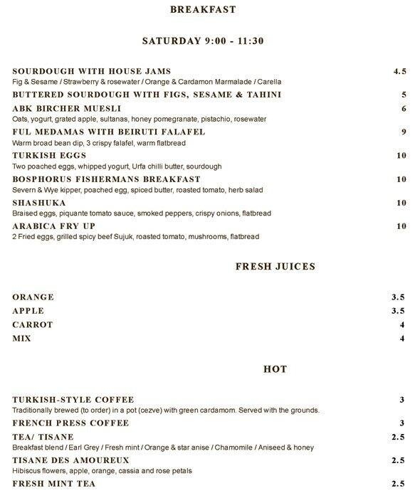 Menu at Arabica Borough Market restaurant, London, Borough Market