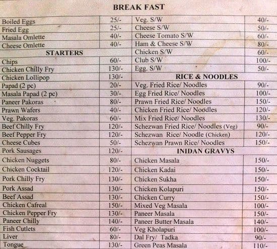 Menu at Chill Out Cafe Bar, Margao