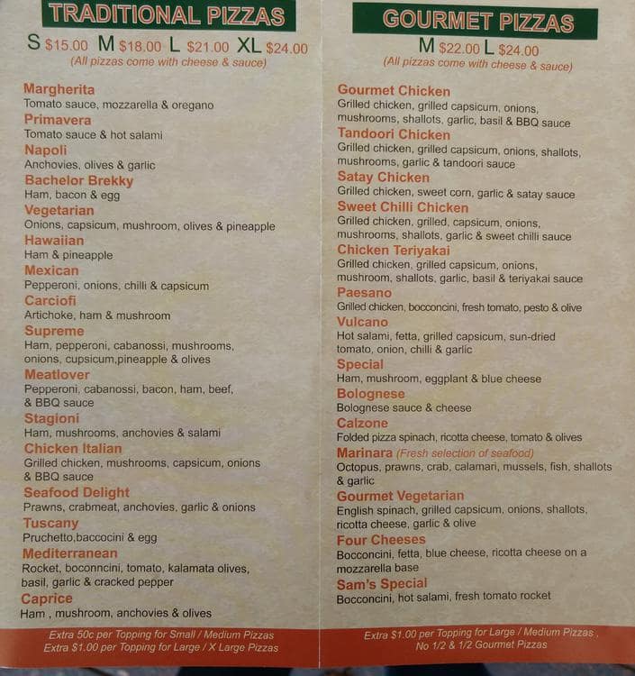 Menu at Midnight Pizza Cafe, Sutherland