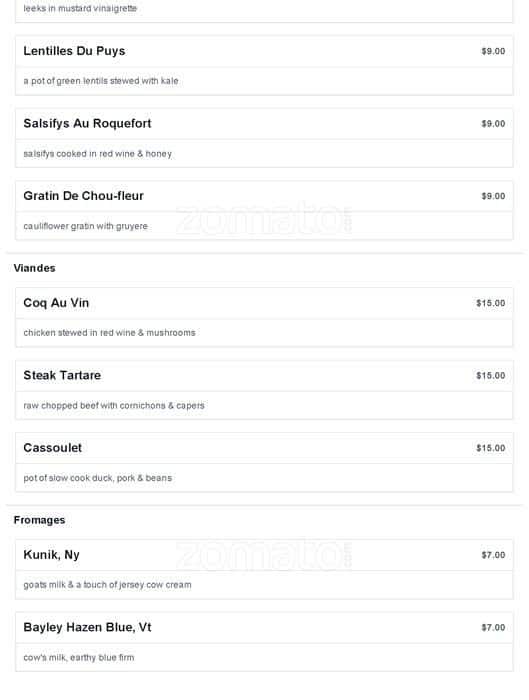 Menu at Buvette New York pub & bar, New York City