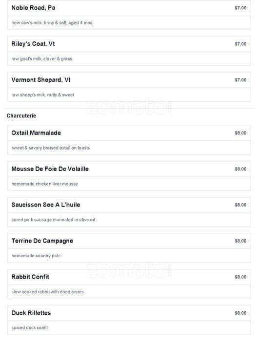 Menu at Buvette New York pub & bar, New York City