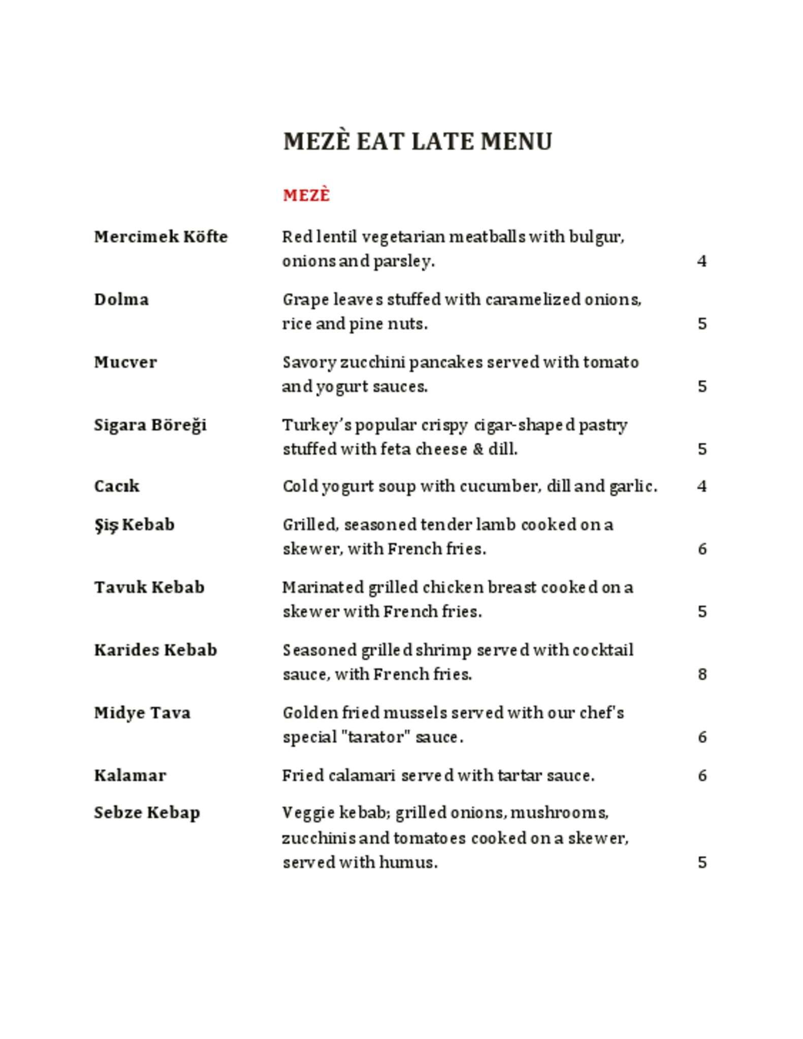 Menu at Mezè Restaurant, Washington