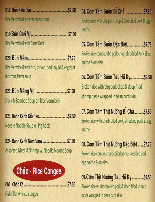 Menu at Phở Viet restaurant, Philadelphia, Whitaker Ave