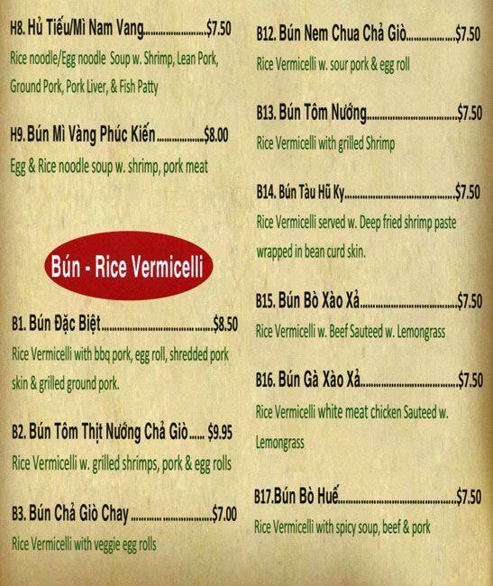 Menu at Phở Viet restaurant, Philadelphia, Whitaker Ave