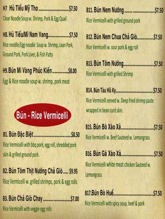 Menu at Phở Viet restaurant, Philadelphia, Whitaker Ave