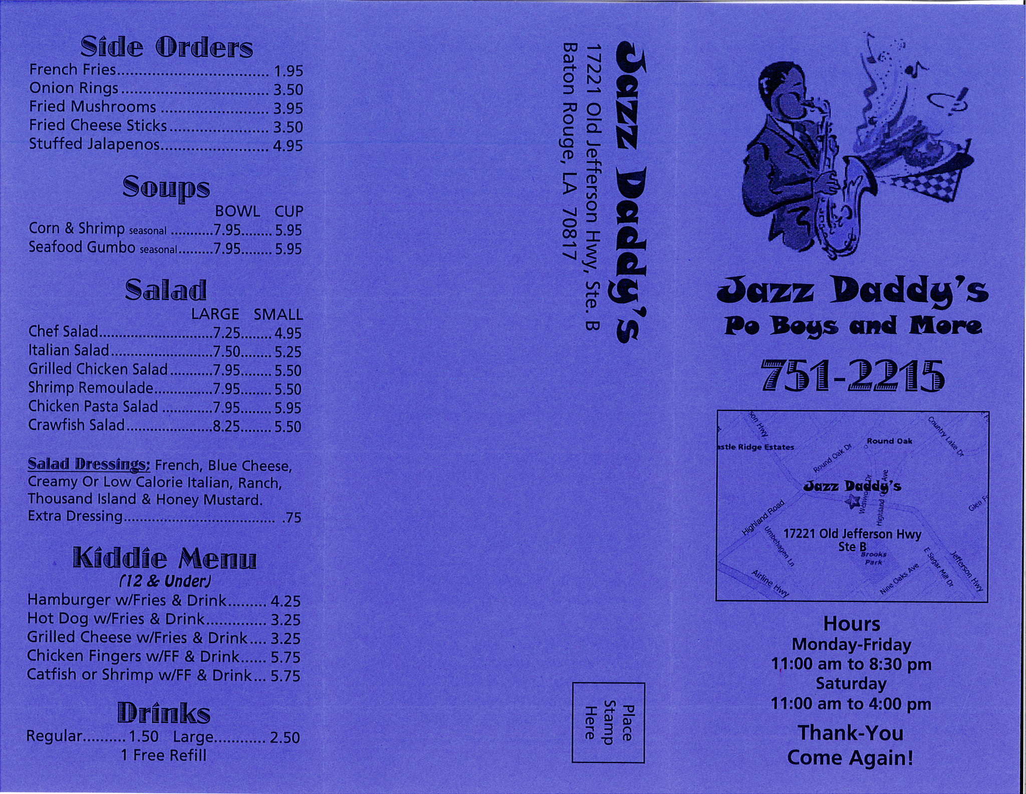 Menu at Jazz Daddy's Poboys restaurant, Baton Rouge