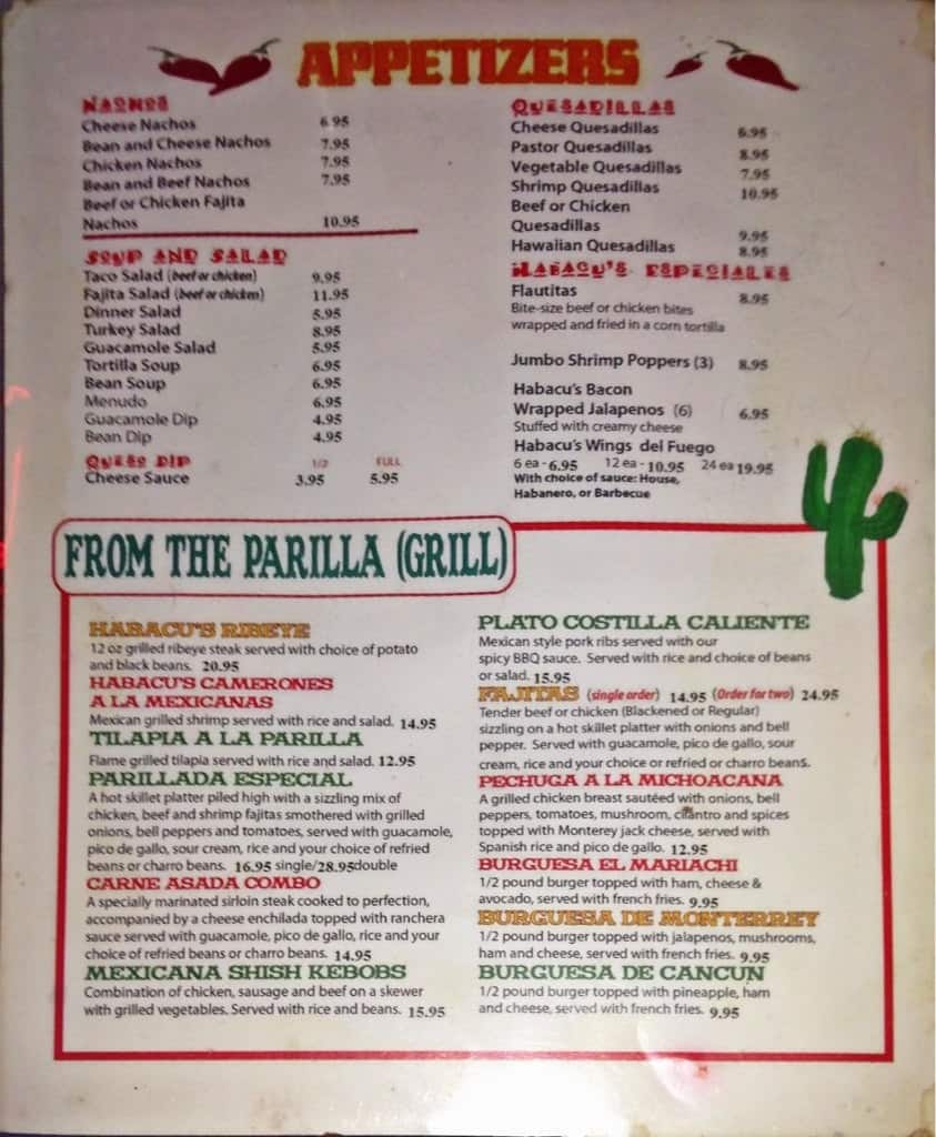 Menu at Habacu's restaurant, Minden, 507 Main St