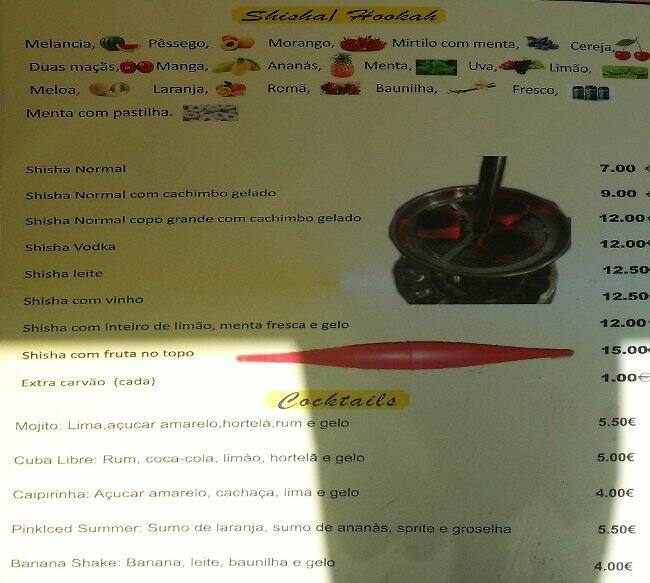 Menu at Lisbon Cafe Shisha bar, Lisbon