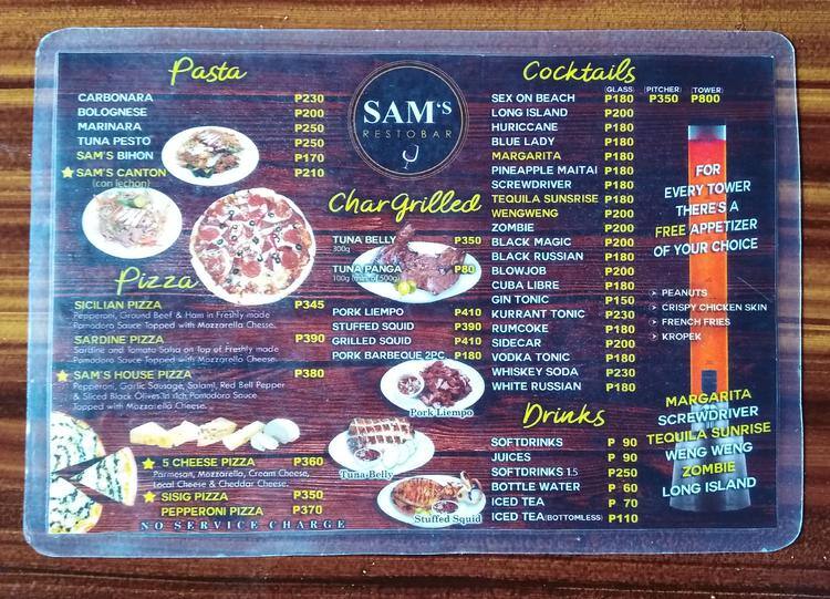 Menu at Sam's G pub & bar, Pasig