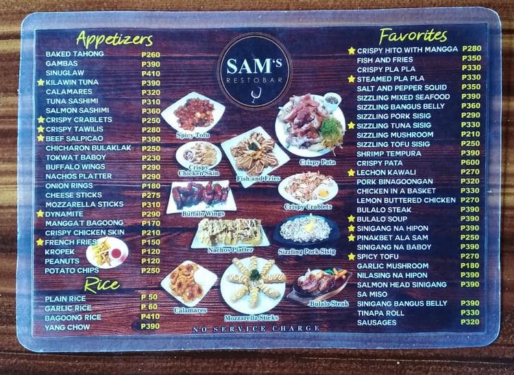 Menu at Sam's G pub & bar, Pasig