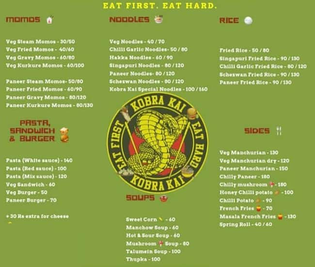 Menu of Kobra Kai, Palam, New Delhi