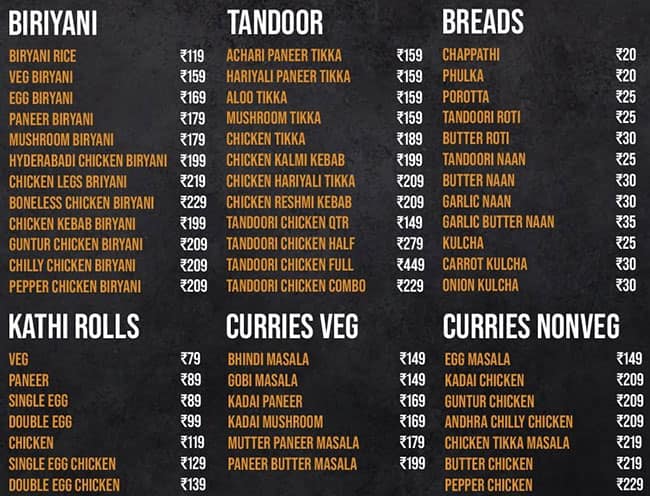 Menu at Charminar Biryani, Bengaluru