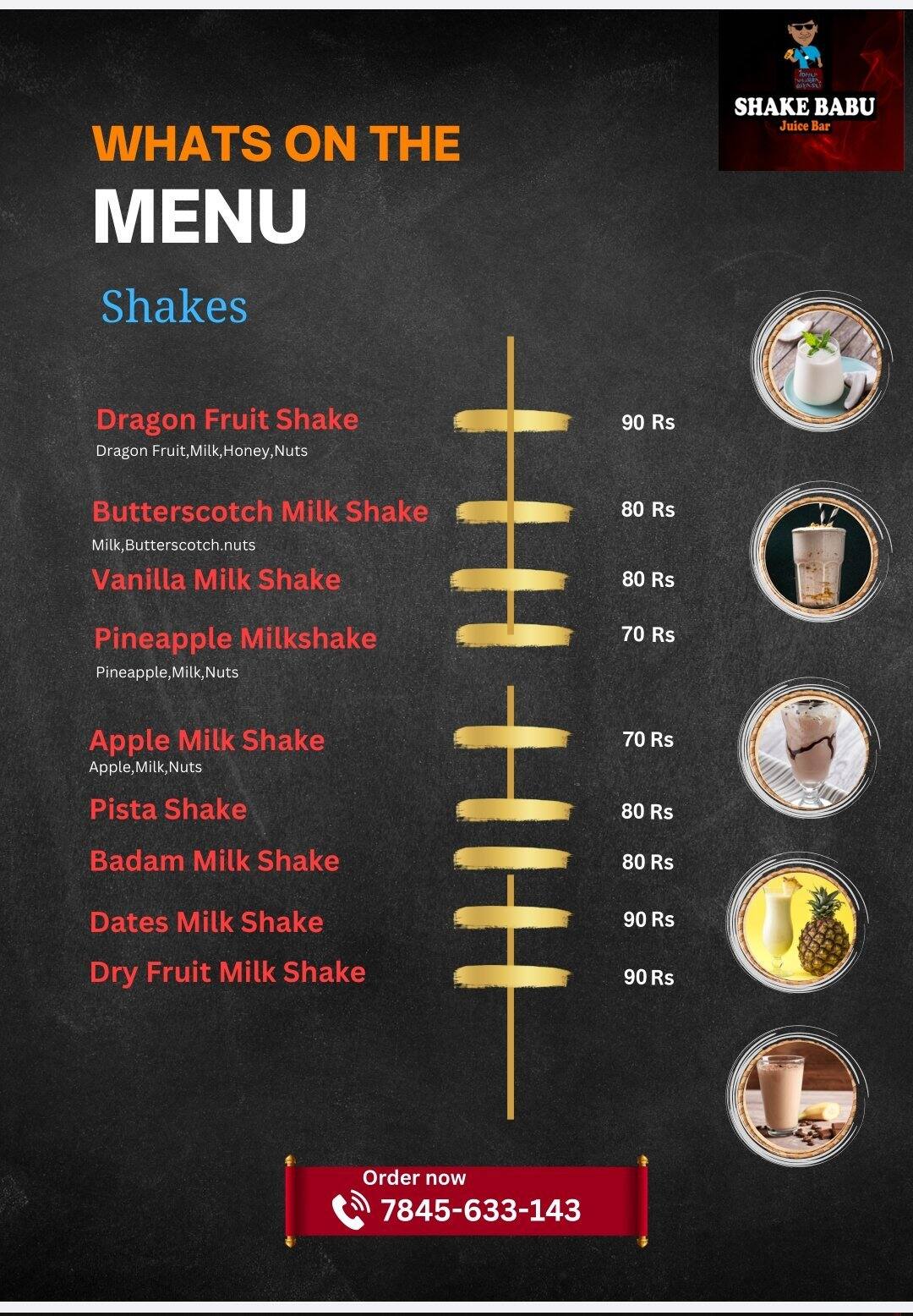 Menu of Shake Babu Juice Bar, Avadi, Chennai