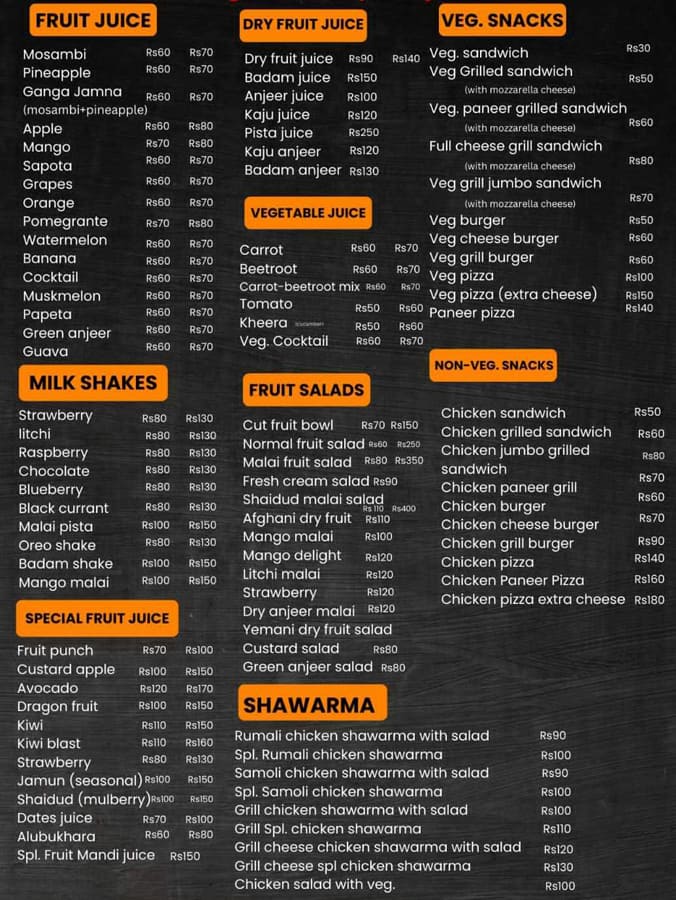 Menu of Big 5 Juice & Eatery, Malakpet, Hyderabad