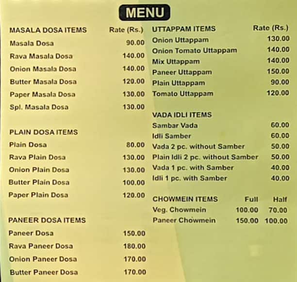 Menu of South Indian Hut, Vikaspuri, New Delhi