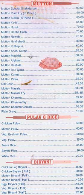 Menu at Hotel Shahi Darbar, Mumbai