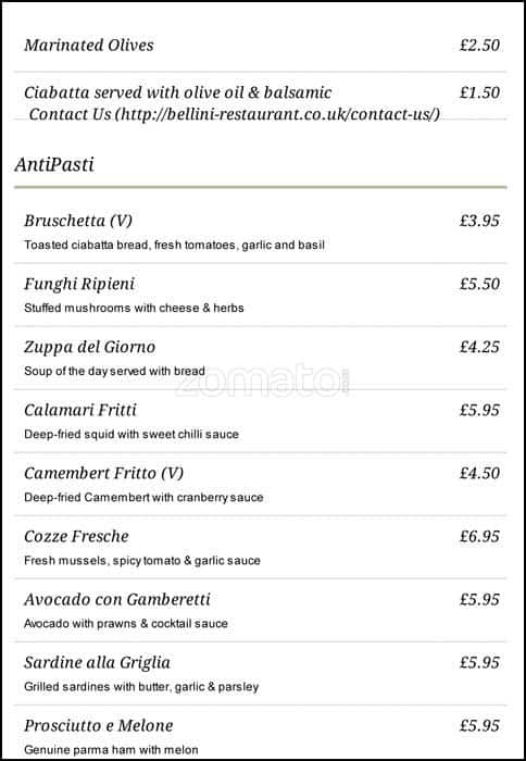 Menu at Bellini restaurant, Worcester Park, 70 Central Rd