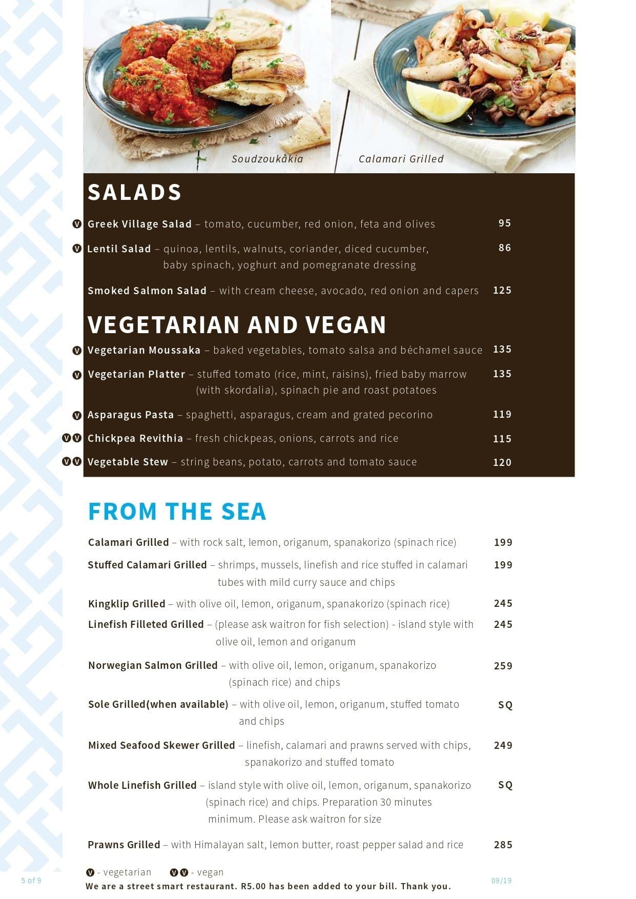 Menu at The Greek Fisherman restaurant, Cape Town