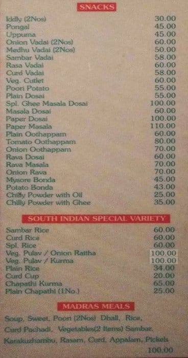 Menu at Hotel Kanchi, Chennai