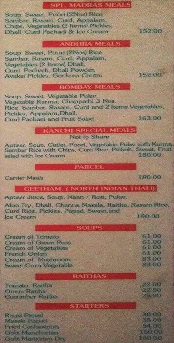 Menu at Hotel Kanchi, Chennai