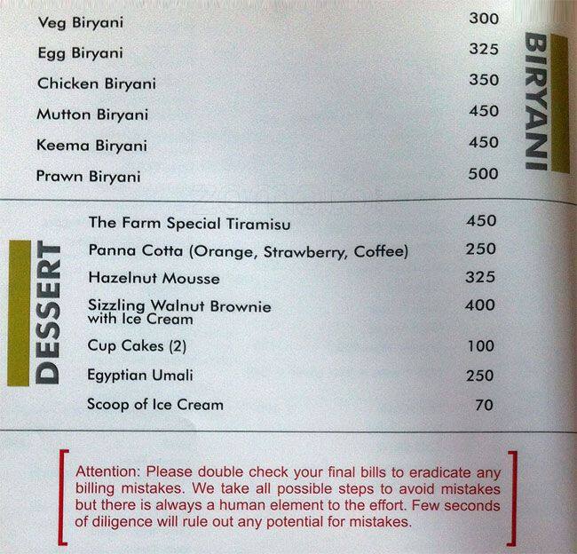 Menu at The Farm, Hyderabad, House 9-4-77/G/17 and 18